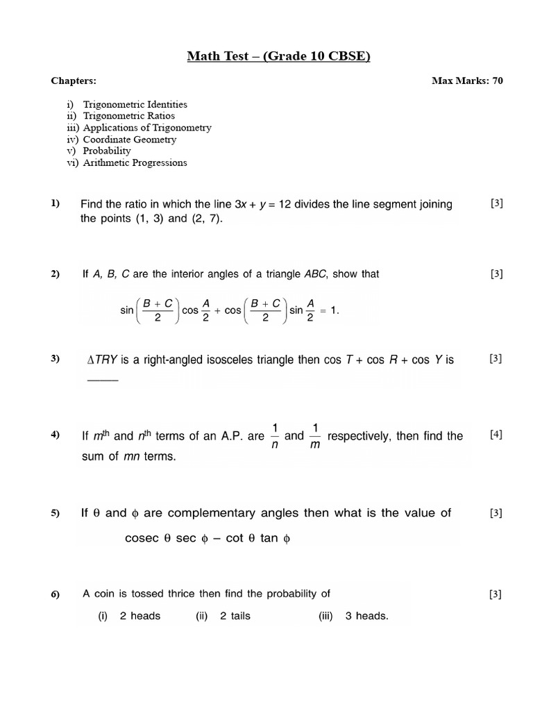 Math Test - Trig, Geometry, Arithmetic Progressions | PDF | Teaching ...