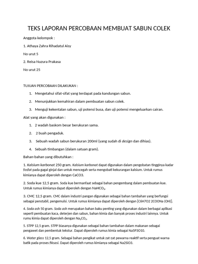 Teks Laporan Percobaan Membuat Sabun Colek | PDF