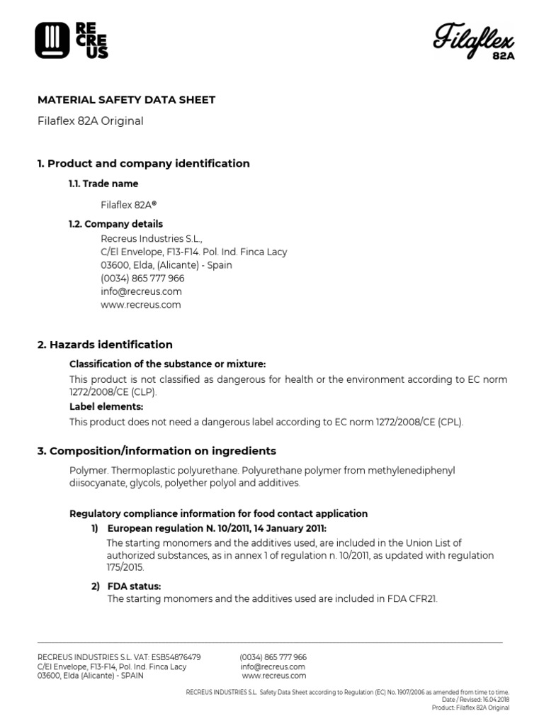Filaflex 82a Original - Material Safety Data Sheet - MSDS - 2020 | PDF