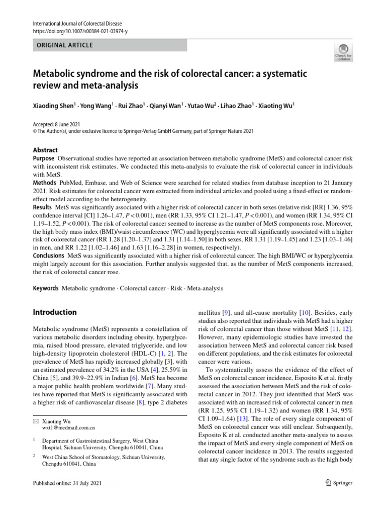 Metabolic Syndrome and Colorectal Cancer Risk | PDF | Cancer | Meta ...