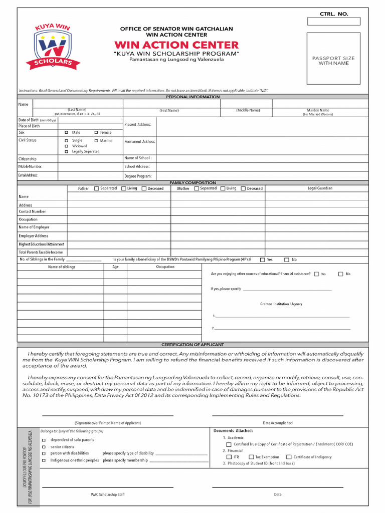 Kuya WIN Scholar New Form PLV | PDF