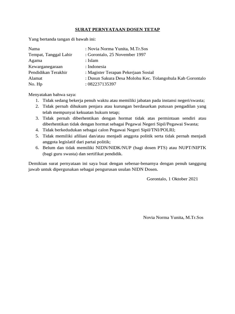 Contoh Surat Pernyataan Dosen Tetap (Nidn) | PDF