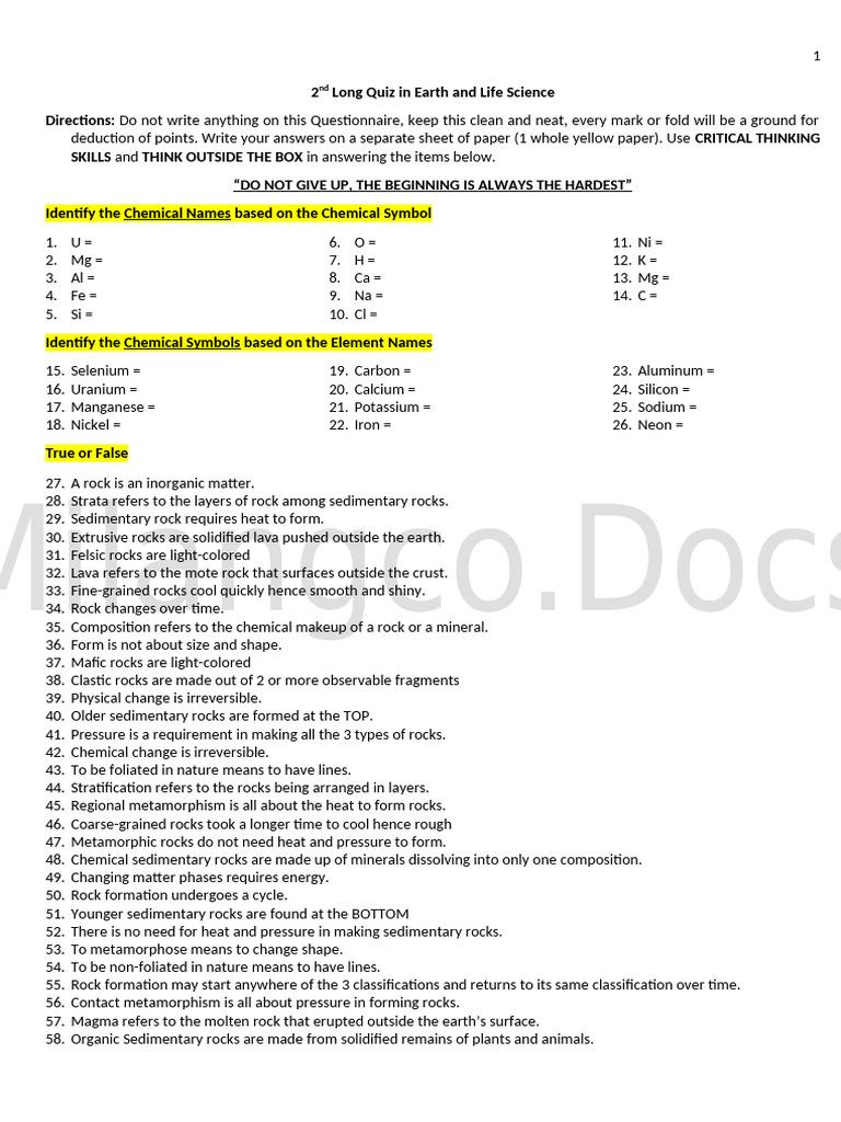 2nd Long Quiz in Earth and Life Science 2024-2025 | PDF