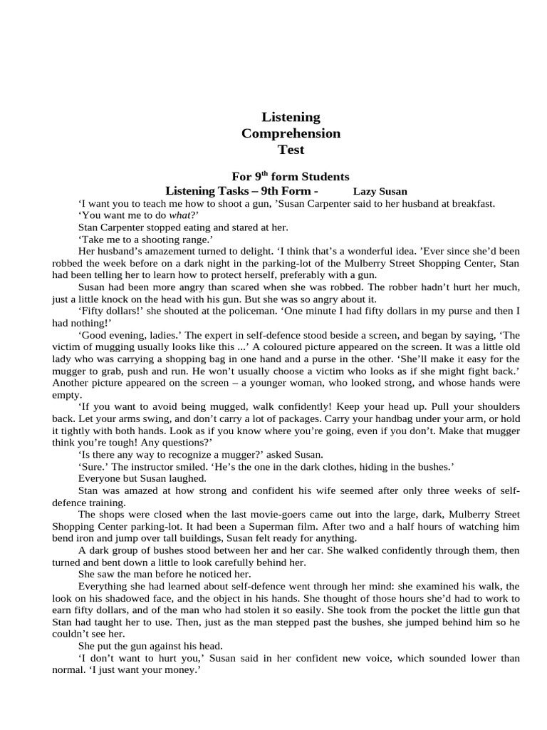 Listening Comprehension Test: For 9 Form Students Listening Tasks - 9th ...