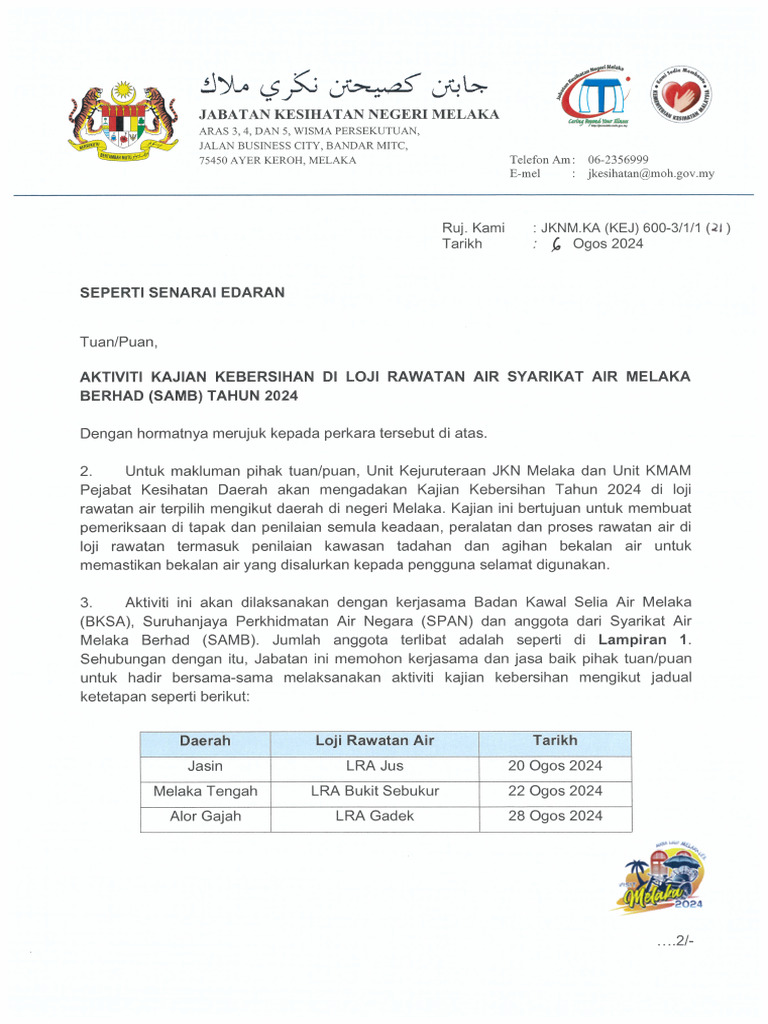 Aktiviti Kajian Kebersihan Di Loji Rawatan Air SAMB Tahun 2024 - JKNM ...