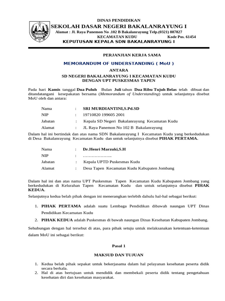 Mou Dengan Puskesmas Tapen | PDF