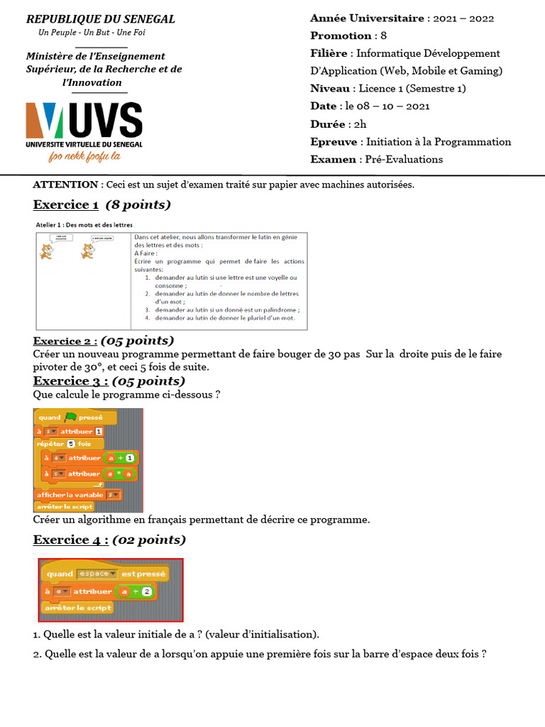 Epreuve Initiation À La Programmation | PDF