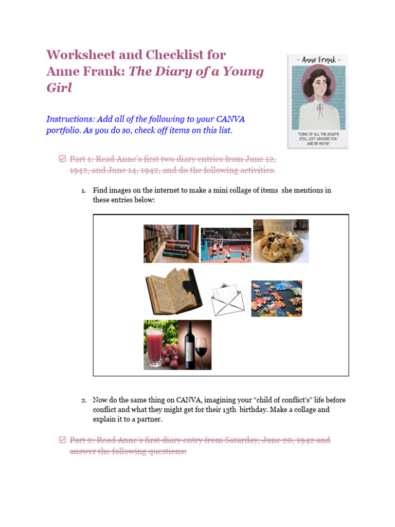 Chiara L. RAFFONE-Worksheet and Checklist For The Diary of Anne Frank | PDF