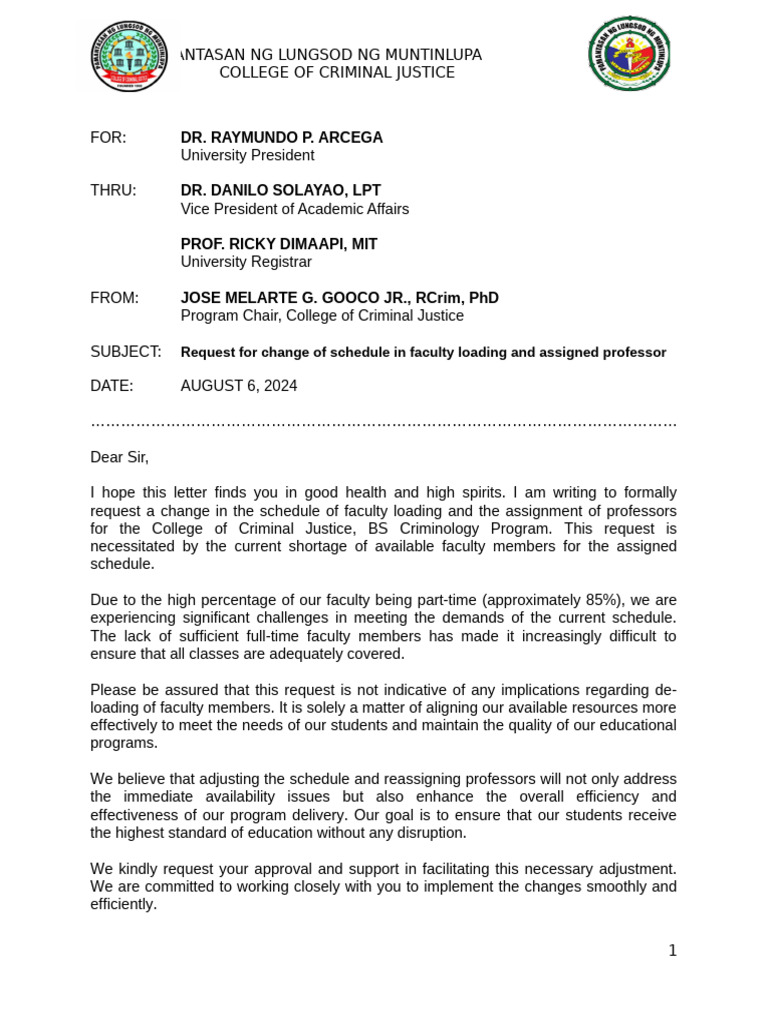REQUEST LETTER TO CHANGE THE FACULTY LOADING | PDF