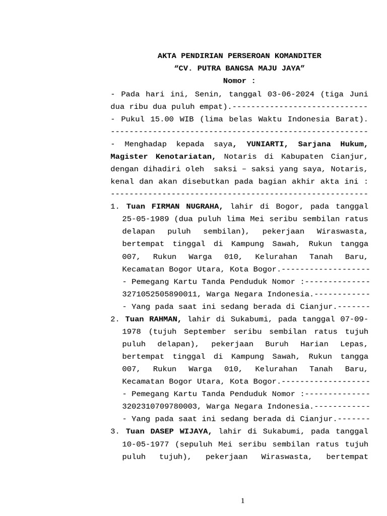 Akta Pendirian CV. PUTRA BANGSA MAJU JAYA | PDF