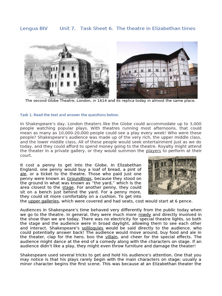 LB4 - Unit 7 - Task Sheet 6 - Theatre in Eliz Times (2023-2024) | PDF