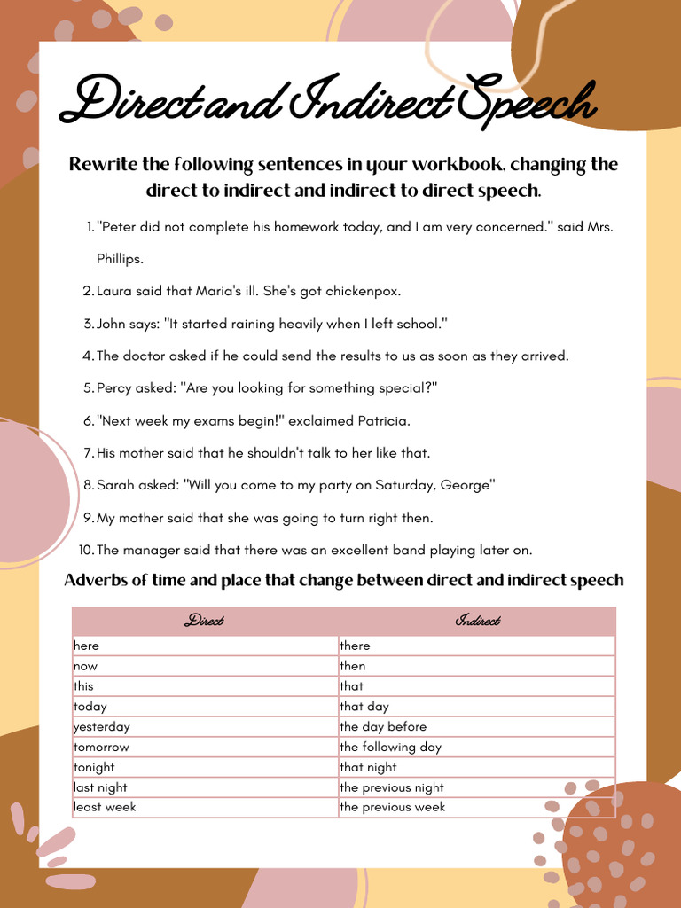 Direct and Indirect Speech Worksheet 1 | PDF
