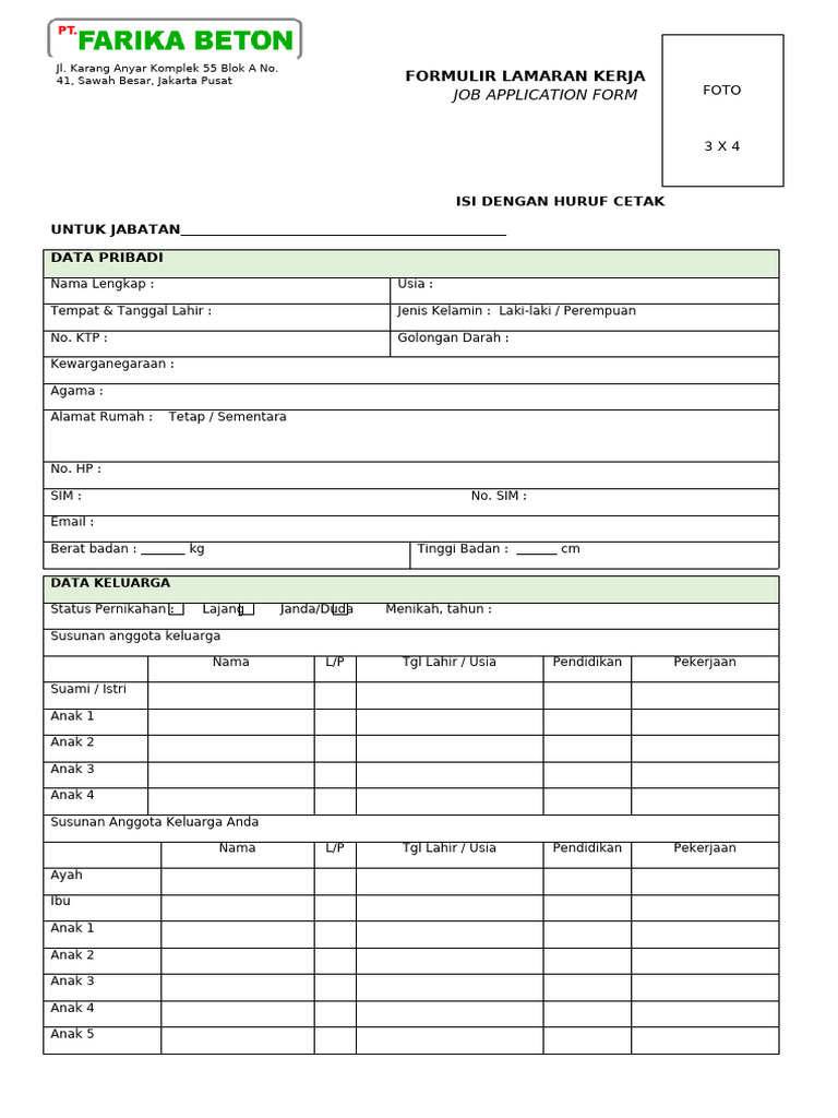 FM-FB-HRD-01-02 Formulir Lamaran Kerja | PDF