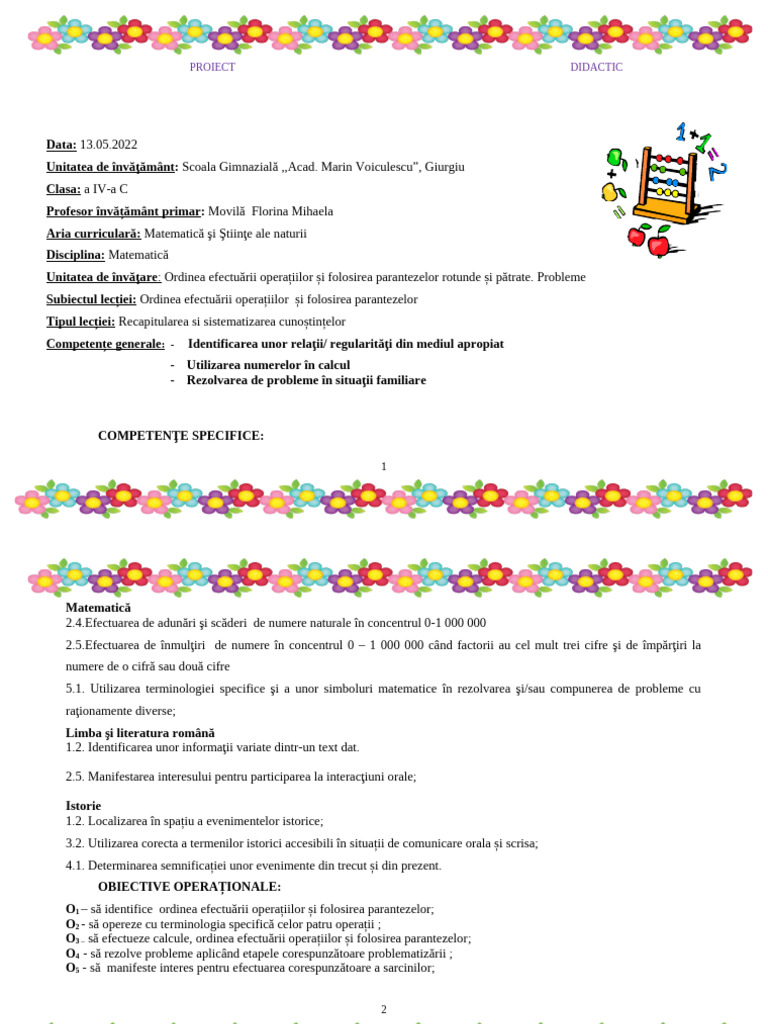 Proiect de Activitate Integrata Si Fisa de Lucru Diferentiat - Ordinea ...