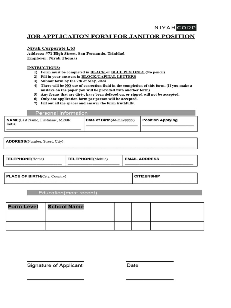 Janitor Job Application Form | PDF