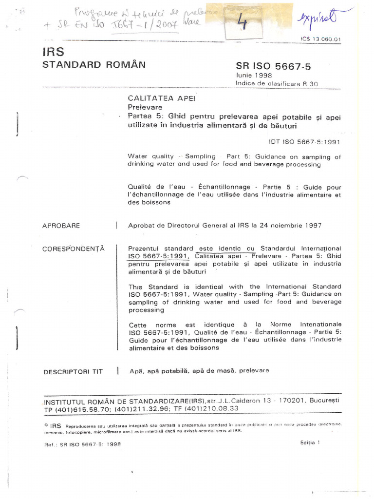 SR ISO 5667-5 Ghid Pentru Prelevarea Apei Potabile - 1998 | PDF