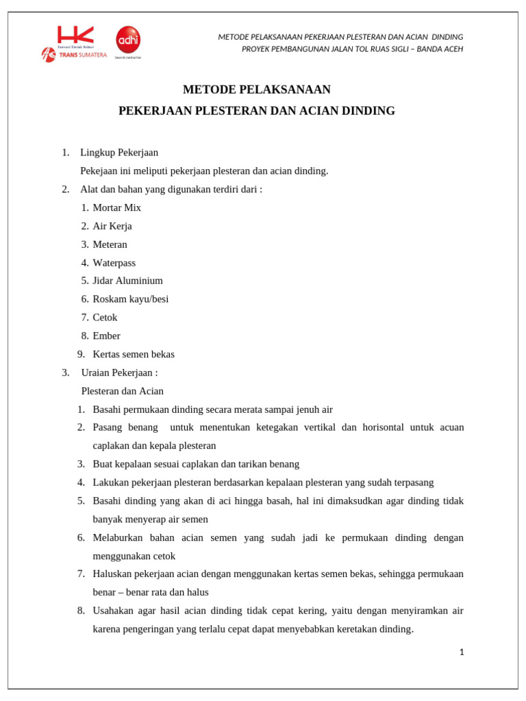 Metode Pemasangan Plesteran Dan Acian Dinding | PDF