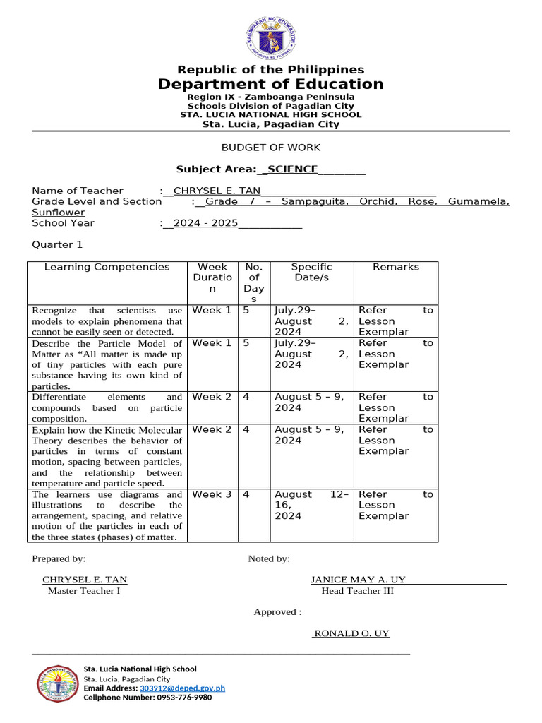 Budget of Work Matatag TAN | PDF