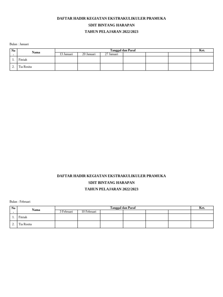 DAFTAR HADIR KEGIATAN EKSTRAKULIKULER PRAMUKA | PDF DAFTAR HADIR KEGIATAN EKSTRAKULIKULER PRAMUKA | PDF
