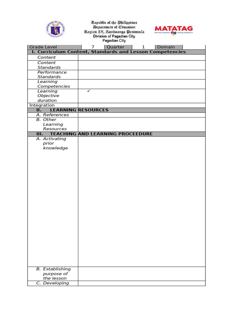 Matatag Lesson Plan Science 7 Blank Template | PDF