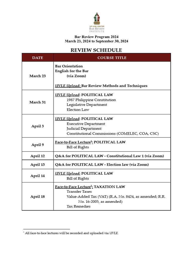 BRI Bar Review - Detailed Schedule Ver. 4 240416 | PDF