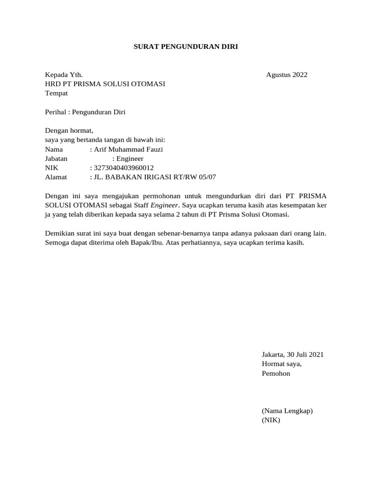 Surat Resign Simple Atau Sederhana | PDF