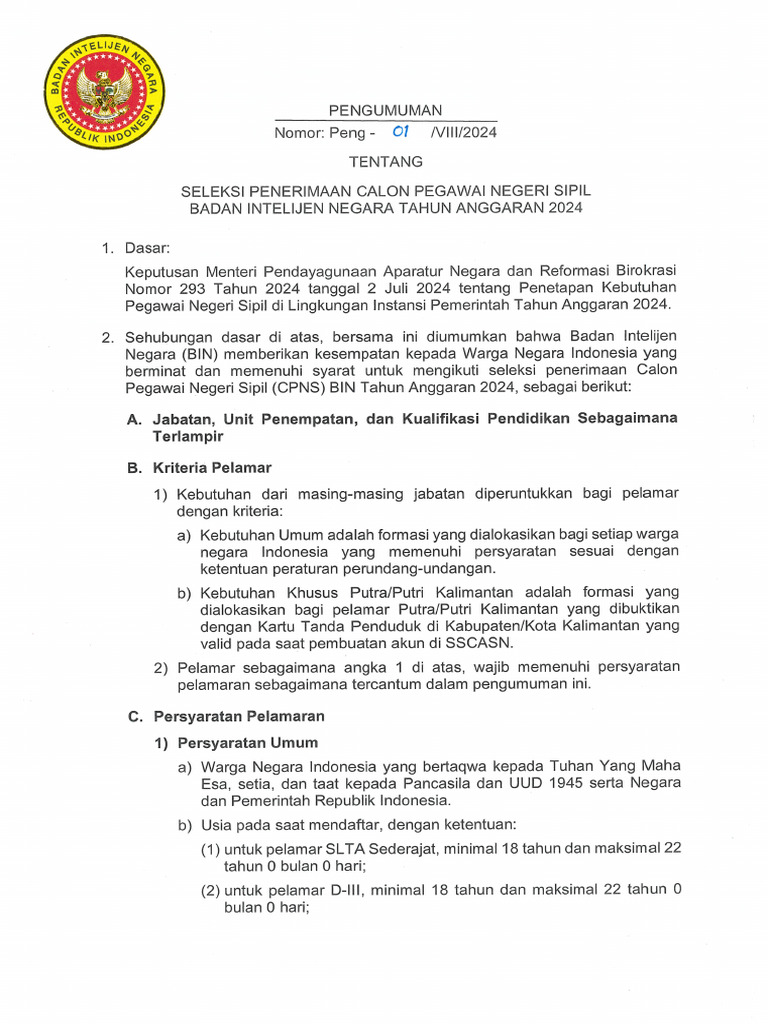 Penetapan Kebutuhan Cpns Badan Intelijen Negara Bin Ta 2024 | PDF
