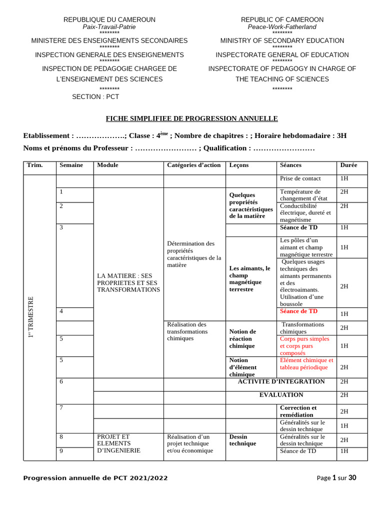 Fiche de Progression Harmonisée Franco - PCT 20-21 | PDF