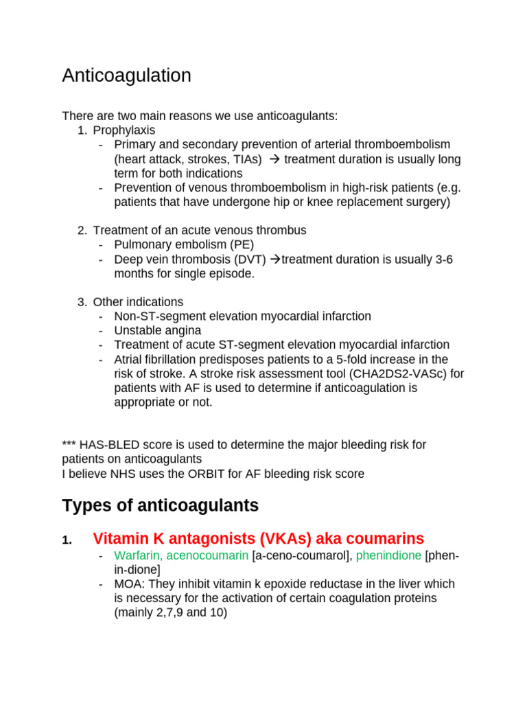 Anticoagulation (Pharmacy Student Notes) | PDF