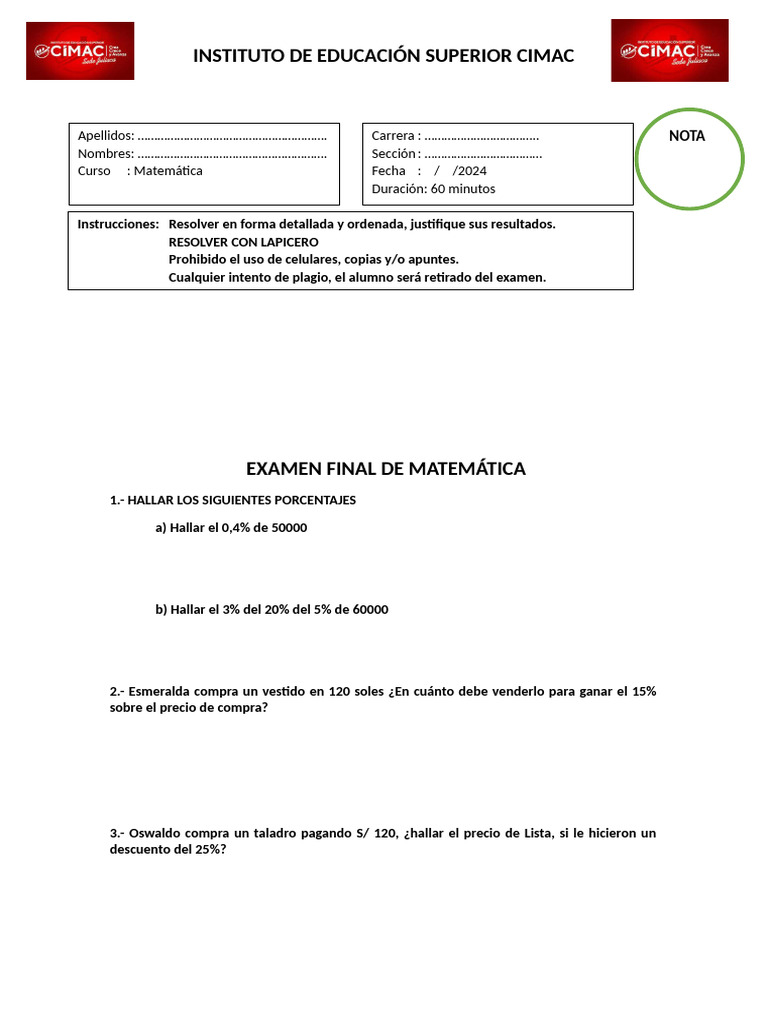 Examen Final de Matematica-2024 - Segun Libro | PDF