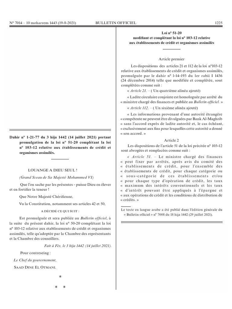 Dahir N°1-21-77 Du 14 Juillet 2021 Portant Promulgation de La Loi N°51 ...