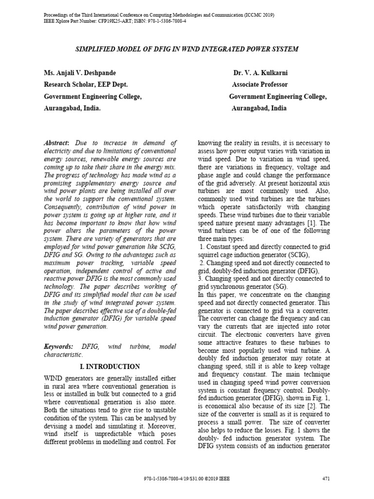 Simplified Model of Dfig in Wind Integrated Power System | PDF