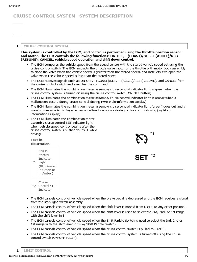 Cruise Control System System Description | PDF