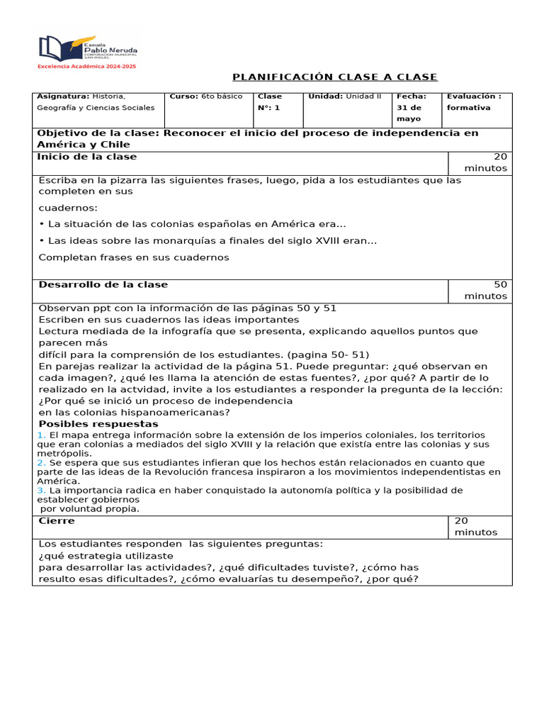 PLANIFICACIÓN CLASE Plantilla | PDF