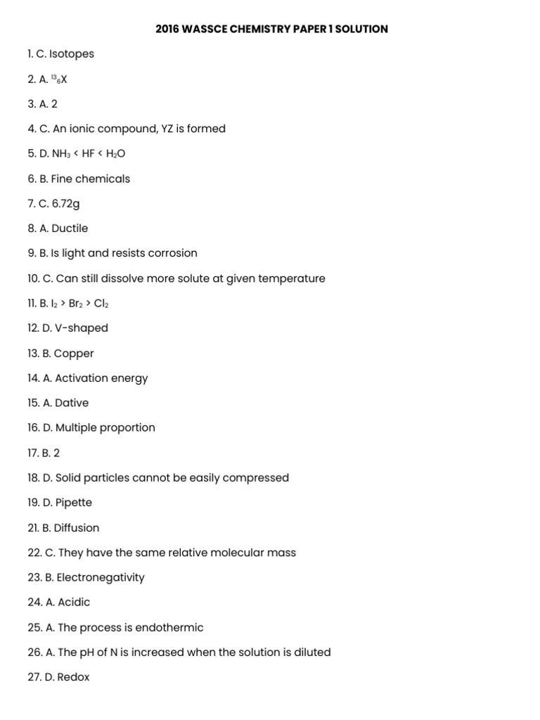 2016 Wassce Chemistry Paper 1 Solution | PDF