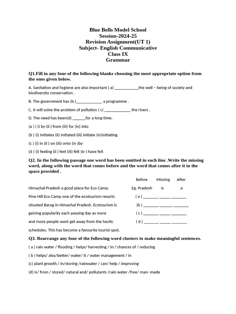 Revision Assignment Class IX UT 1 2024 | PDF