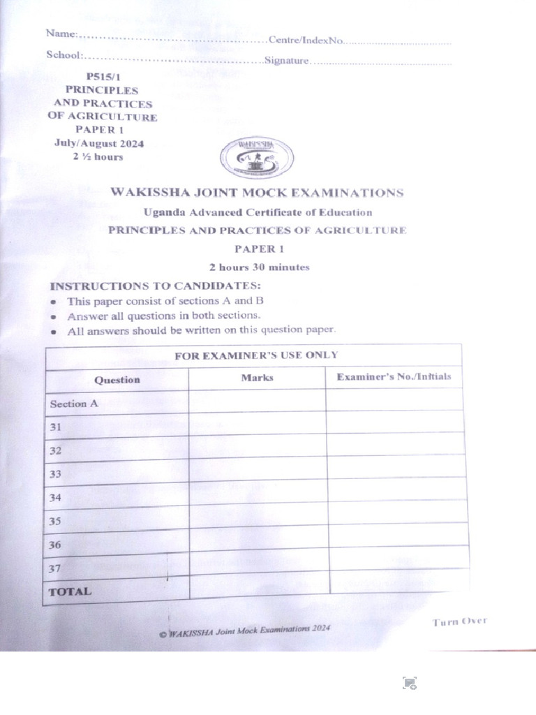 Wakissha Joint Mocks Examinations Uace 5151 Agriculture Practical Ins Past Paper 2024 | PDF