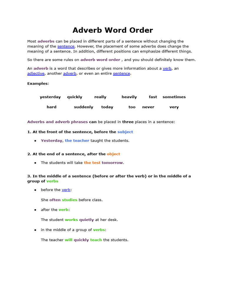 Adverb Word Order | PDF