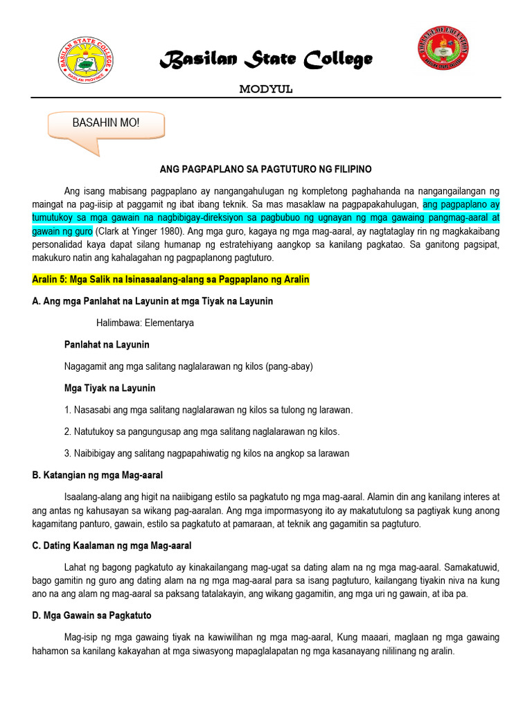 Pagpaplano sa Pagtuturo ng Filipino | PDF | Cognitive Science | Cognition