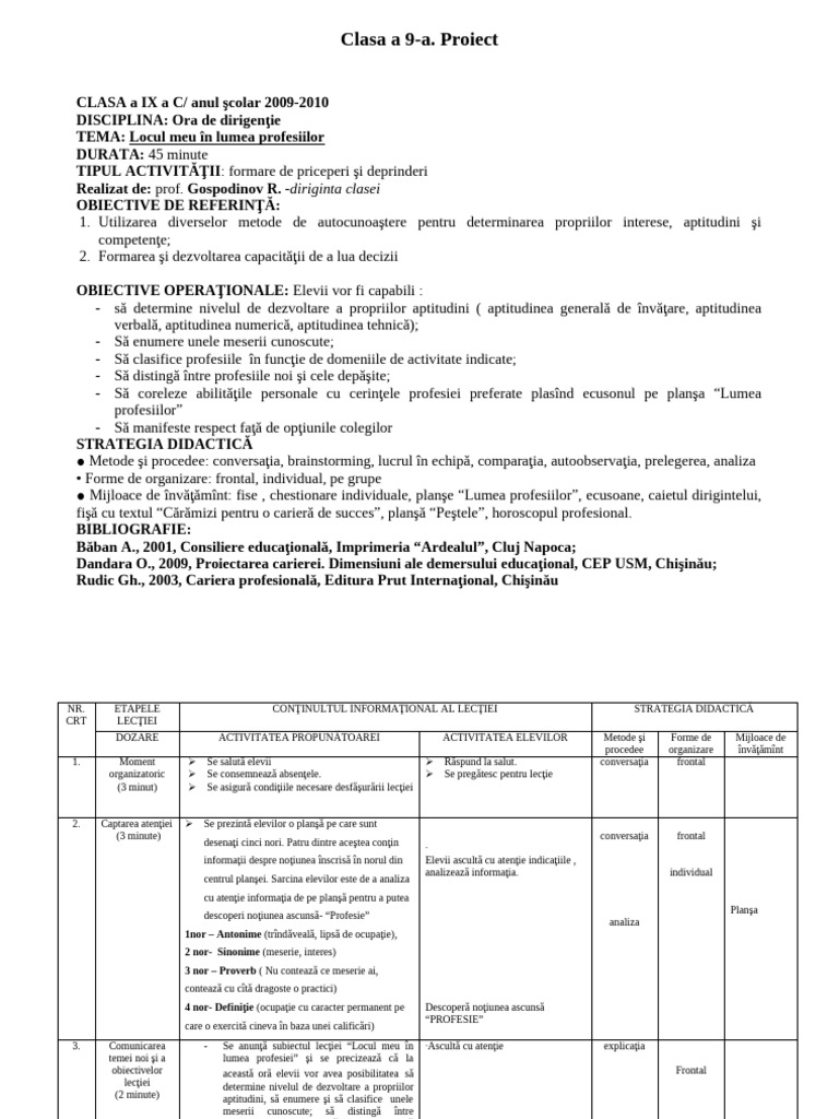 Proiect de Lectie Profesia | PDF