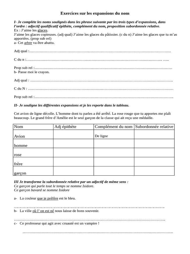 Exercices Sur Les Expansions Du Nom | PDF
