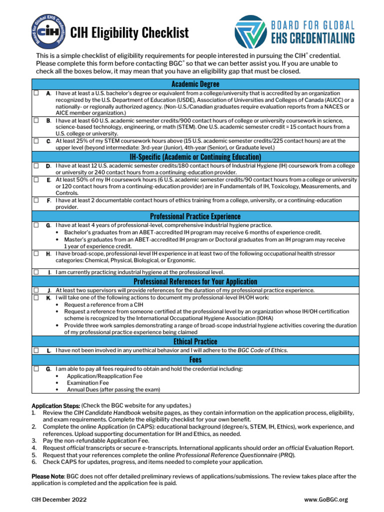 CIH Eligibility Checklist 2022 12 05 | PDF