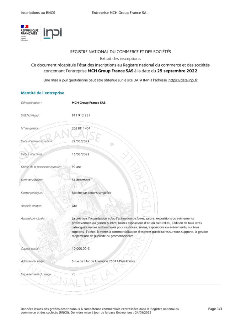 Extrait Immatriculation Inpi 911912251 | PDF