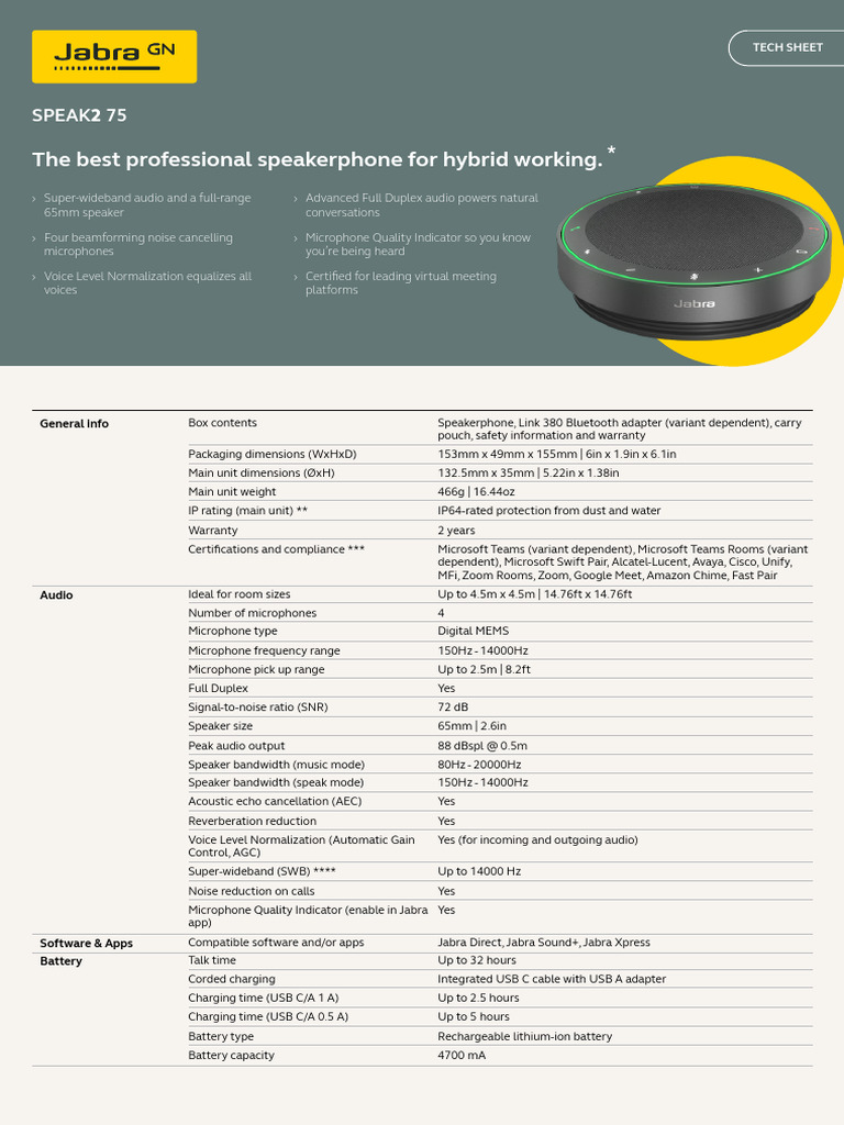 Jabra Speak2 75 Tech Sheet 150823 WEB | PDF