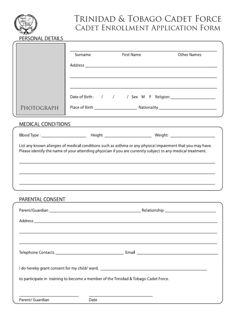 Trinidad & Tobago Cadet Force: Cadet Enrollment Application Form | PDF