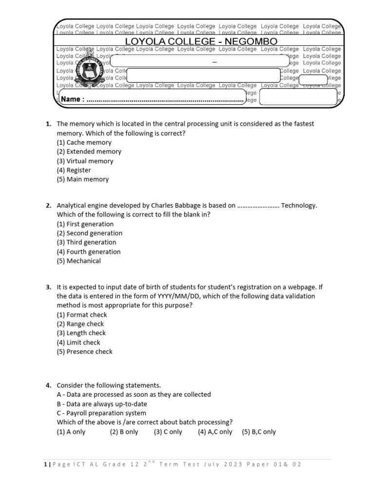 Grade 12 ICT 2nd Term Test 2023 | PDF | Random Access Memory | Computing