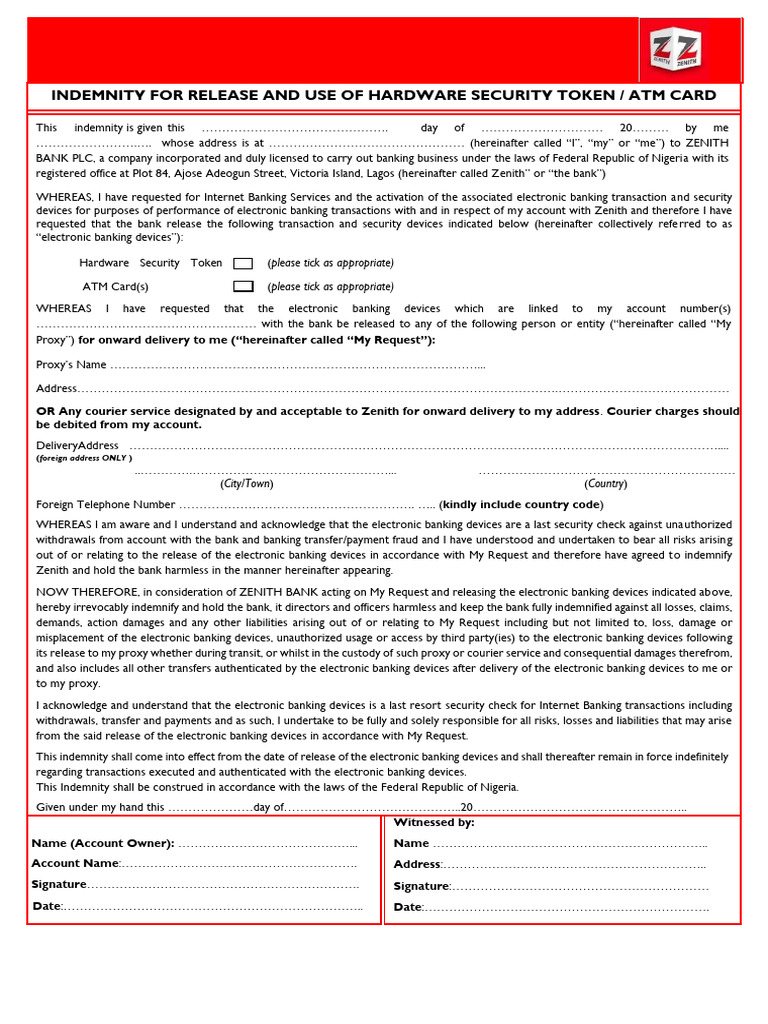 Indemnity Form For Release and Use of Hardware Security Token and ATM ...