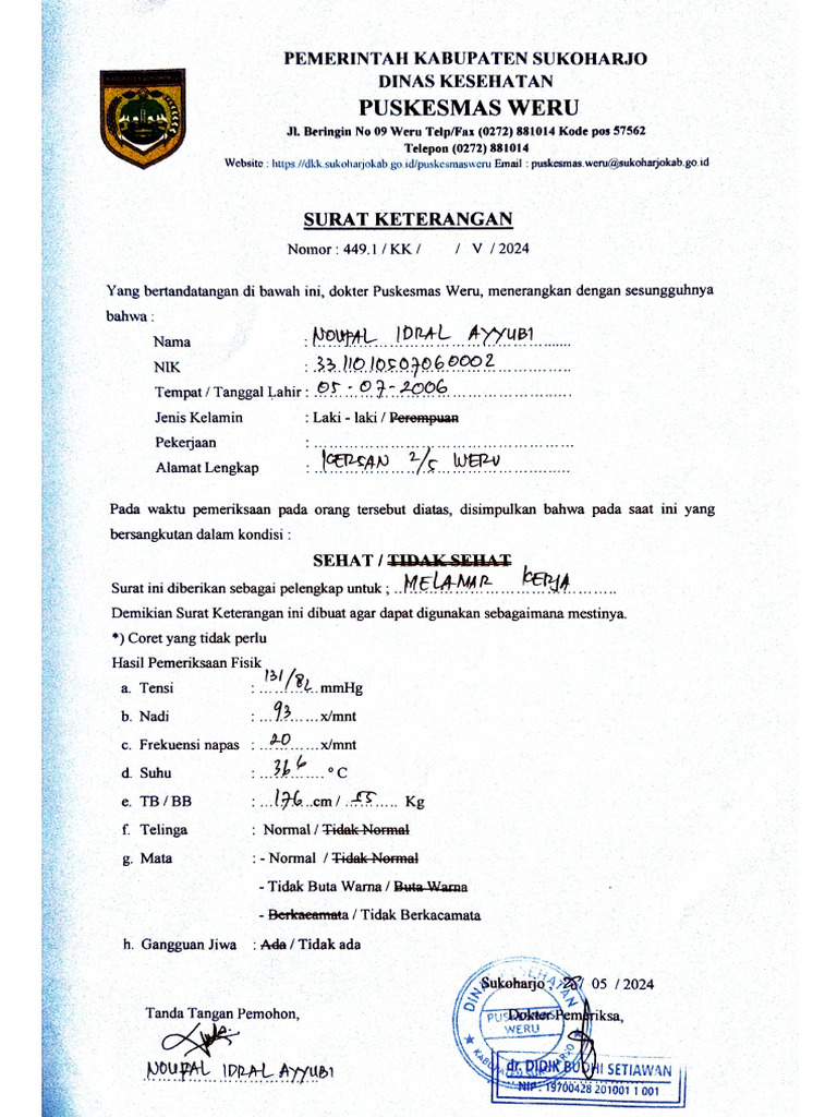 Surat Keterangan Sehat - Noufal Idral Ayyubi | PDF