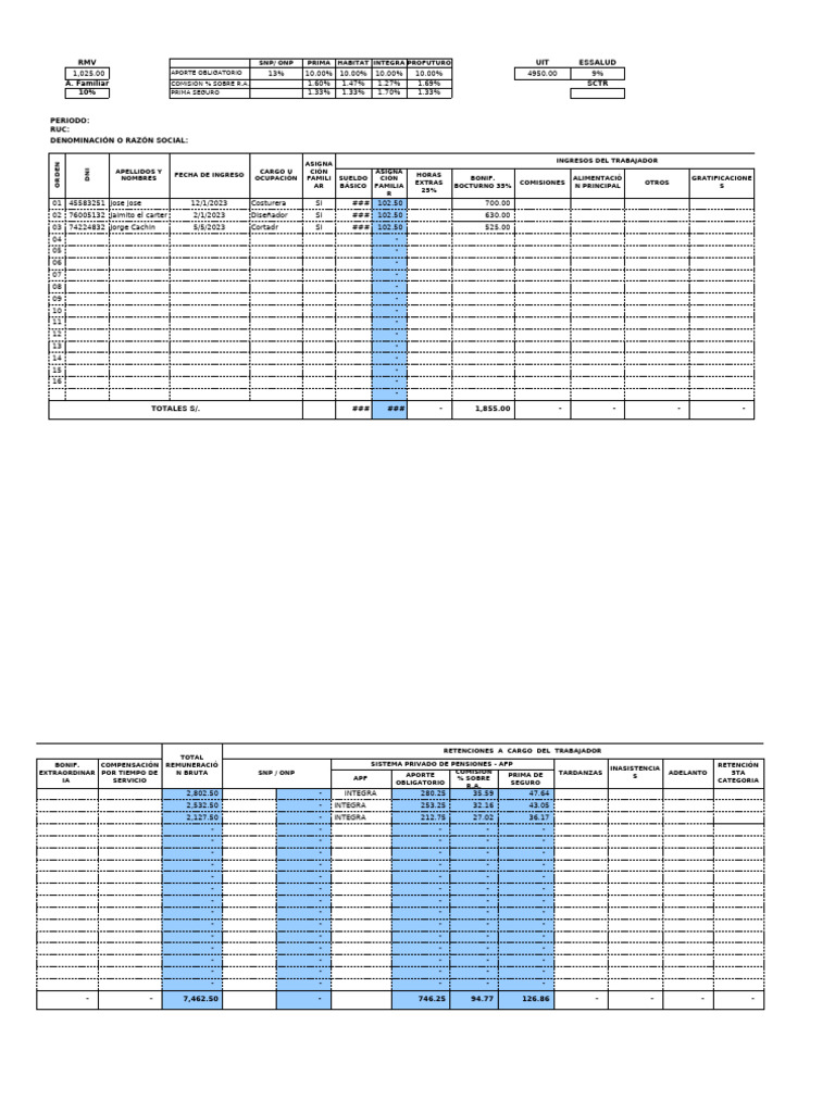 Planilla Remuneraciones Caso 3 | PDF