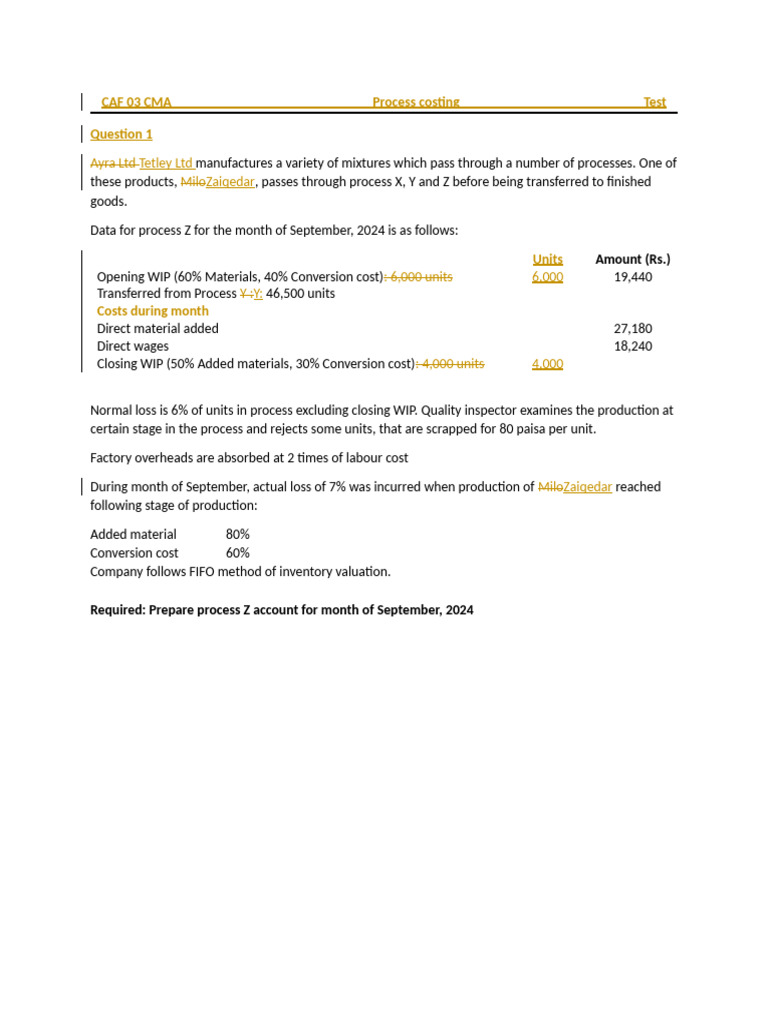 Process Costing - Questions | PDF